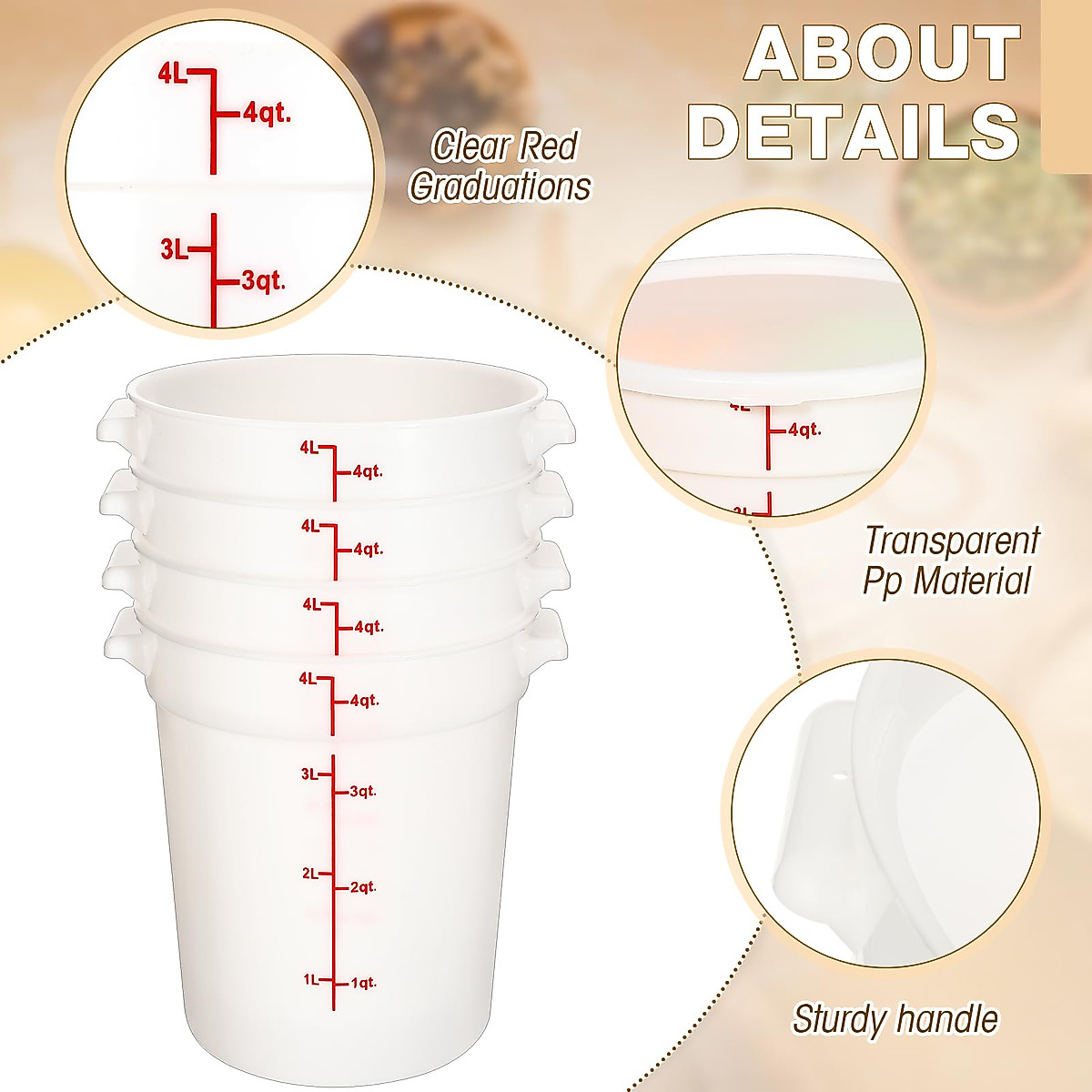 Ziliny 4 Pcs Food Storage Containers 1, 2, 4, 6 Qt Round Food Storage Container with Lids for Pantry Organizers Translucent Plastic Tubs with Handles for Bread Dough Home Storage Food