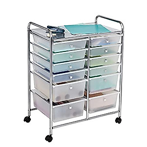 XDONE Rolling Storage Cart and Organizer with 12 Plastic Drawers，Clear，25.31 Lx 15.16W x 32.09H