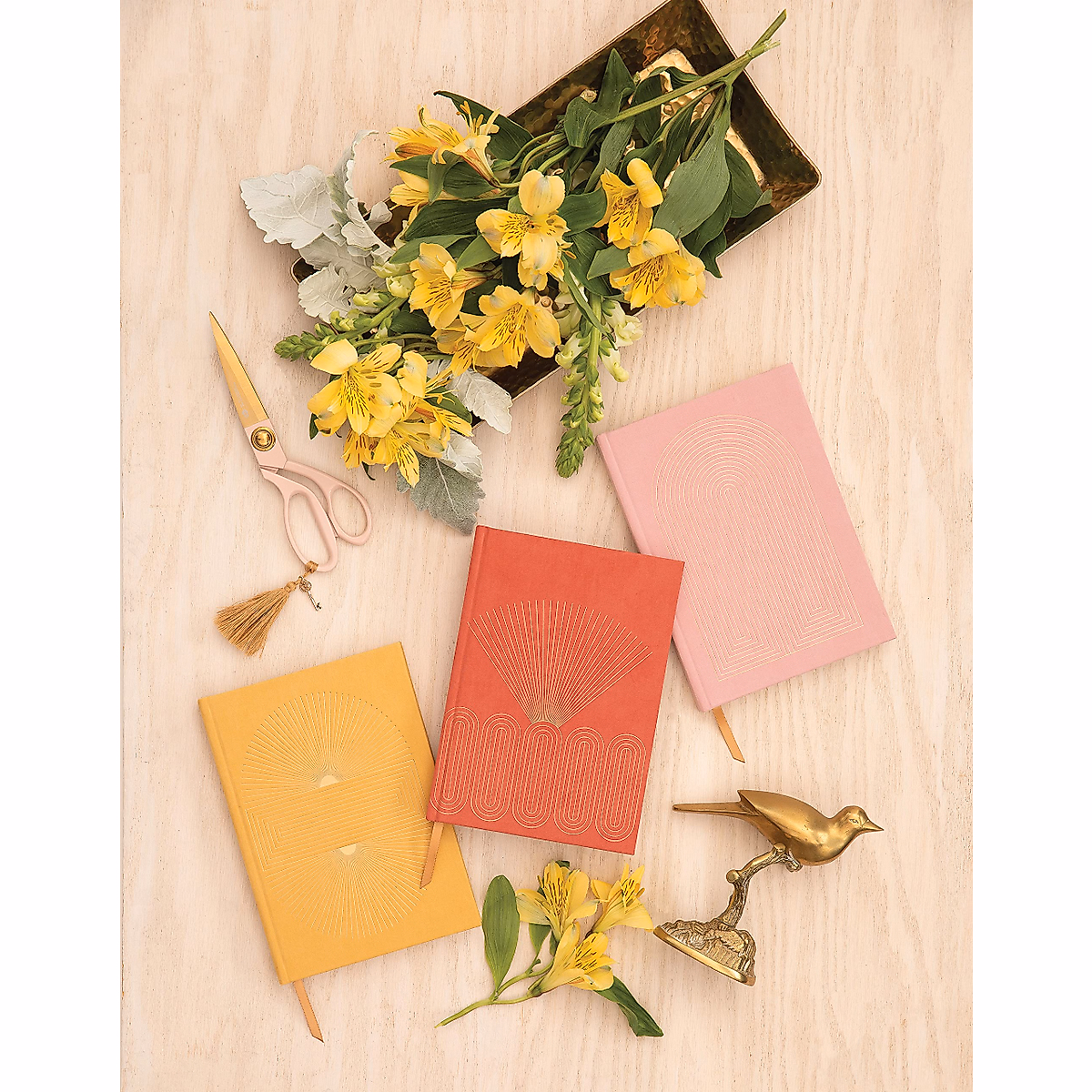 DesignWorks Ink Suede Cloth Hardcover Journal Notebook with Lined Pages, Ribbon Bookmark, and Storage Pocket for Work, Writing, Journaling - Terracotta Journal with Gold Radiant Rays Design 5.75" x 8.125"