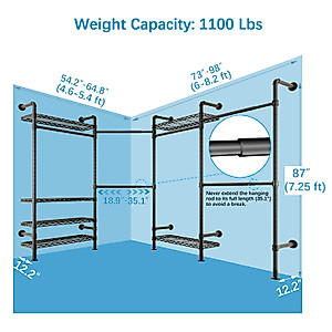Timate L4 L Shape Garment Rack Heavy Duty Clothes Rack for Hanging Clothes, Expandable Industrial Pipe Clothing Rack, Wall Mounted Closet Organizer Large Wardrobe Closet Kit Corner Closet System Black