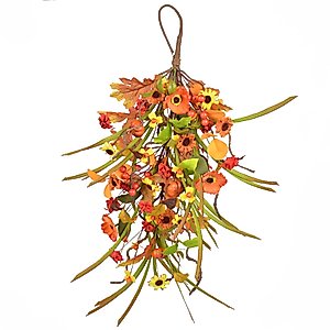 FXforer 25Inch Artificial Sunflower Pumpkin Fall Swag,Simulation Autumn Teardrop Floral Swag,Farmhouse Hanging Front Door Decorative Swag for Garden Home Wall Festival Decoration
