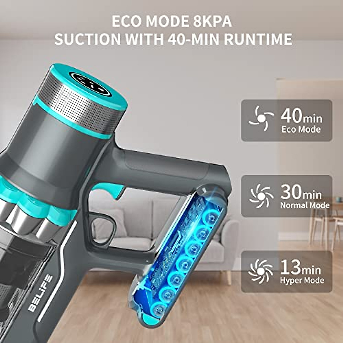 Belife BVC11 Cordless Vacuum Cleaner, Stick Vacuum Cleaners for Home Carpet Hardwood Floor, Wireless Household Vaccum for Pet Hair with Touch Display, 22Kpa Powerful Suction, Up to 40mins Runtime
