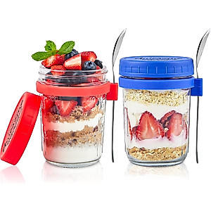 TOFLEN 2 Pack Overnight Oats Containers with Lids and Spoons, 12 oz Glass Mason Overnight Oats Jars Wide Mouth Airtight Oatmeal Container for Yogurt, Cereal and Fruits (Red+Blue)