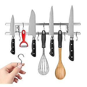 Modern Innovations (16 Inch) Stainless Steel Metal Magnetic Knife Holder, Wall Mount Double Bar with 8 Hooks - Multipurpose Knife Magnetic Strip, Utensil hanger, and Kitchen Storage Rack Magnet
