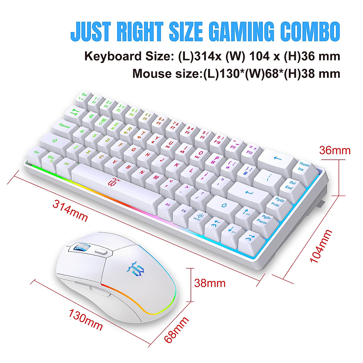 Snpurdiri 60% Wireless Gaming Keyboard and Mouse Combo,LED Backlit Rechargeable 2000mAh Battery,Mini Mechanical Feel Anti-ghosting Keyboard +Popular RGB Gaming Mice for PC Gamer (White)