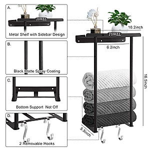 HOVNKUT Towel Racks for Small Bathroom,Wall Mounted Towel Holder Metal Shelf &2 Hooks, Space Saver &Mattle Black Bathroom Wall Decor,Hold 4 Rolled Towel(27x54in),Towel Storage for Bathroom,Toilet,RV