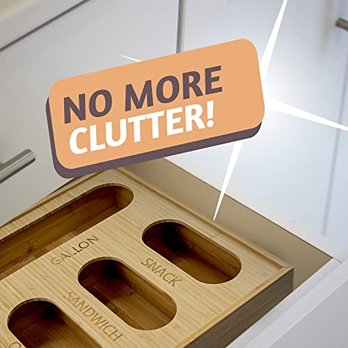 Bhouma - Ziplock Bag Drawer Organizer with Sliding door, Bamboo Kitchen Drawer Organizer, Drawer Divider for Quart, Snack, Sandwich & Gallon Bags, Kitchen Organizer, 15x15 inch, Rounded Interiors