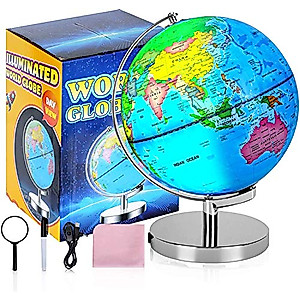 Illuminated World Globe(Dia 8-Inch) for Kids with Stand 6in1 Rewritable Colorful Easy-Read High Clear Map, Illuminates Educational Interactive Globe STEM Toy, Light Up Globe Lamp, Night Light LED Decor