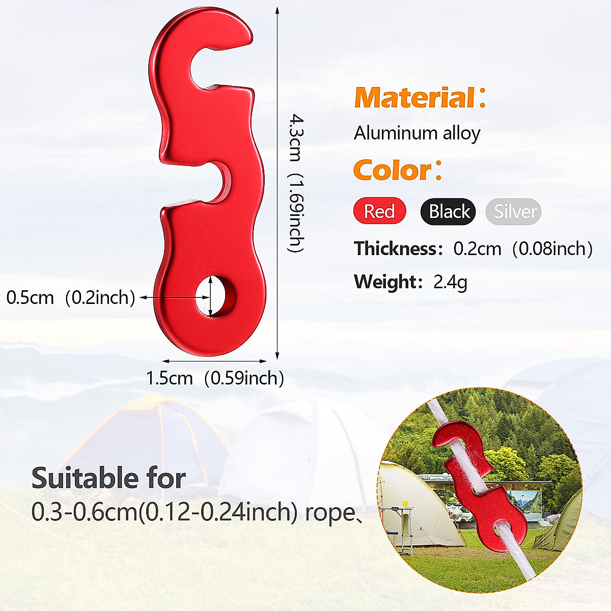 30 Pieces Aluminum Alloy Guyline Cord Adjusters Rope Adjusters Tent Tensioners Tent Wind Rope Buckles Camping Accessories for Tent Camping Hiking Backpacking Outdoor Activity (Red, Black, Silver)