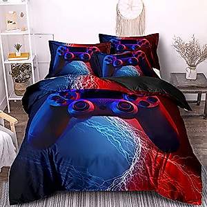 Gamer Duvet Cover Set Queen, 3 Pieces Blue and Red Gaming Bedding Set for Boys Kids, Video Games Comforter Cover Set with Zipper Closure, Soft Microfiber Duvet Cover Set Queen 90"x90"(Not Comforter)