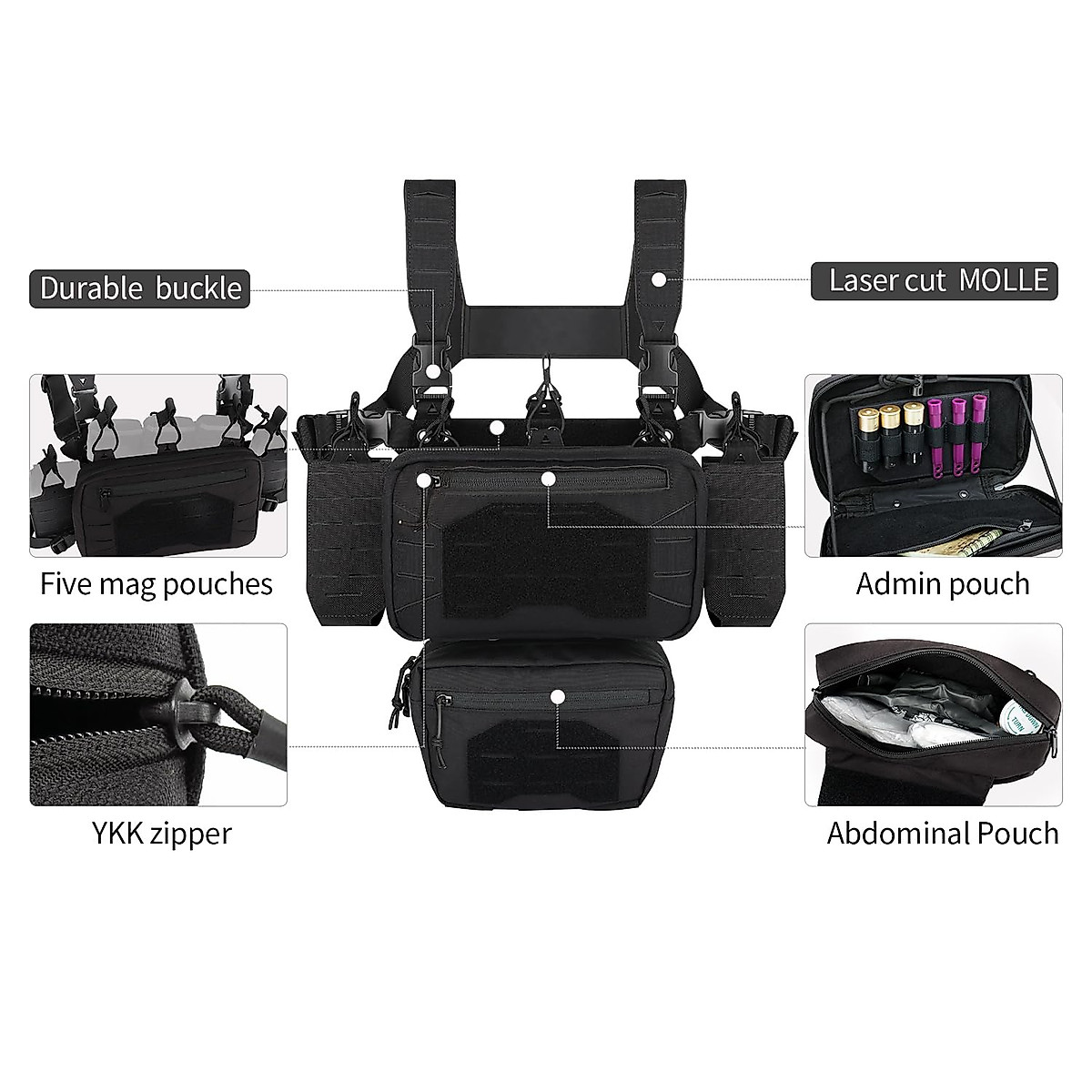 BOMTURN Chest Rig Tactical Airsoft Chest Rig 1000D Molle Micro Chest Rigs Adjustable Detachable Modular Vest with Mag Pouch