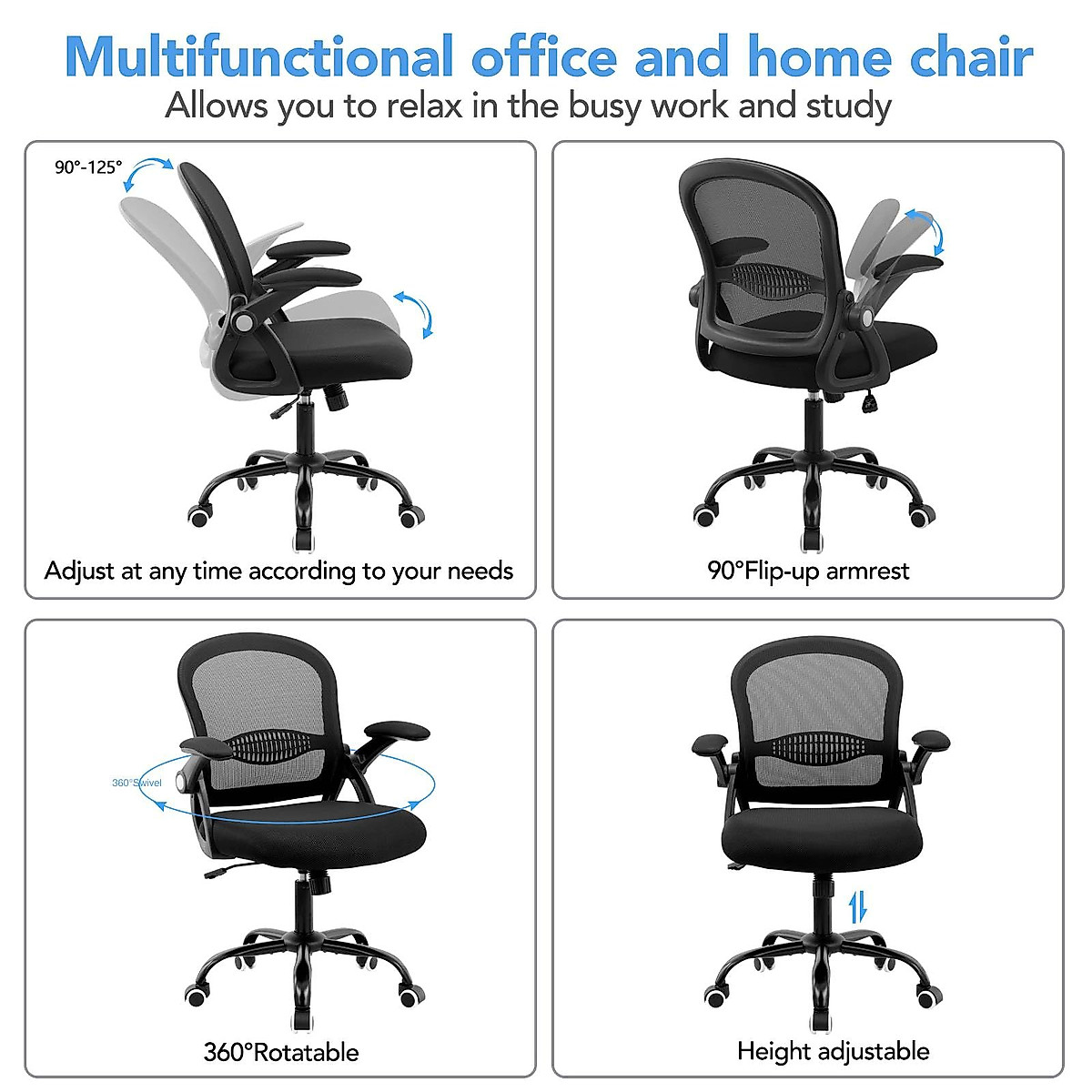 SAIBFARST Ergonomic Office Chair-Adjustable Height, Desk Chair with Wheels Mesh Computer Desk Chair with Flip-up Arms PU Leather Task Chair 300lbs