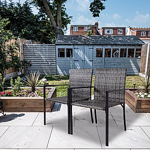 Set of 2 Dining Chair Wicker, Steel Frame Garden Outdoor Furniture, Backyard Deck 265lb with Armrest (Grey)