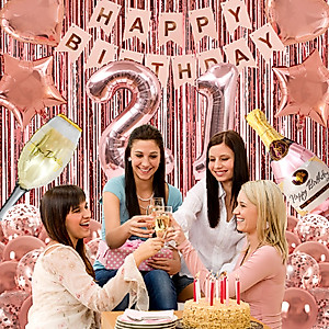RUBFAC 21st Birthday Decorations for Girls, Rose Gold Sweet 21 Birthday Party Decoration for Her, 21st Happy Birthday Pre-Strung Banner Kits Rose Gold Balloons Decoration for Birthday Party Supplies