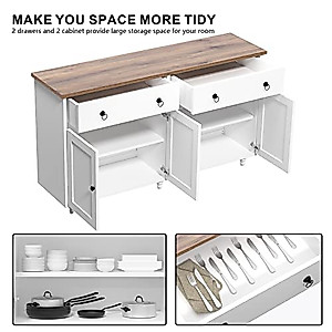Buffet Cabinet Storage Sideboard with 2 Drawers and 4 Doors, 55" Modern Coffee Bar Cabinet with Storage, Credenza Kitchen Buffets Sideboards Cabinet Console Table for Dining Living Room, White
