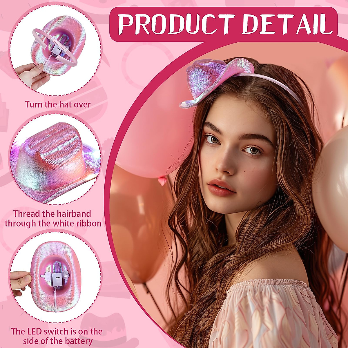 Cozypower Pink Cowboy Hat Headband Mini Cowgirl Hat Headband Cowgirl Hat Women's Costume Headwear for Women Masquerade Party (LED Shimmer Style)