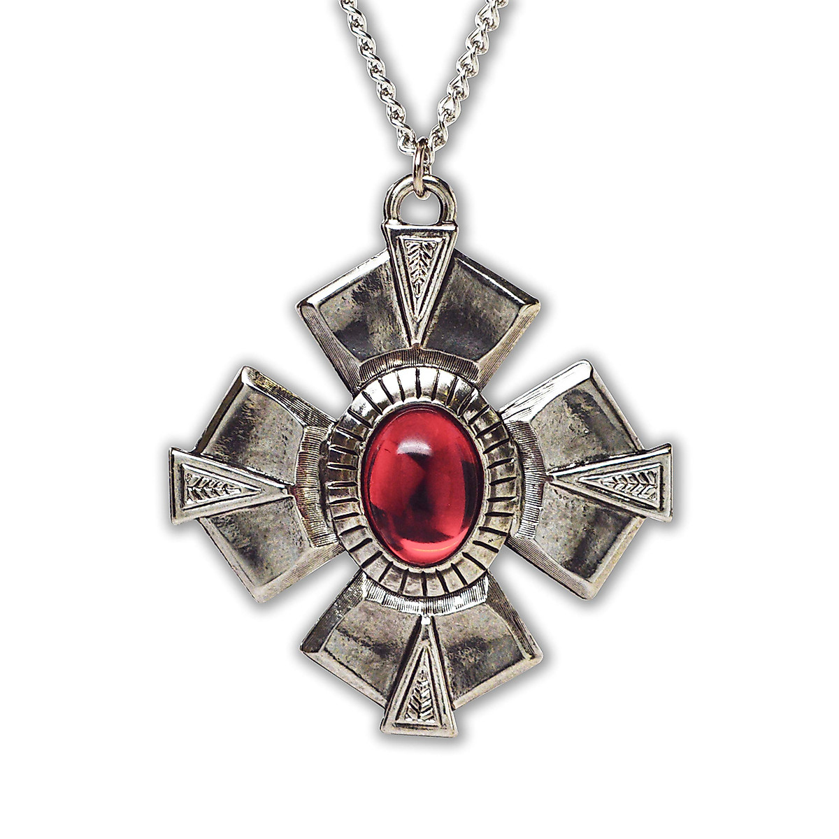 Medallion with Red Cabochon Medieval Renaissance Silver Finish Pendant Necklace