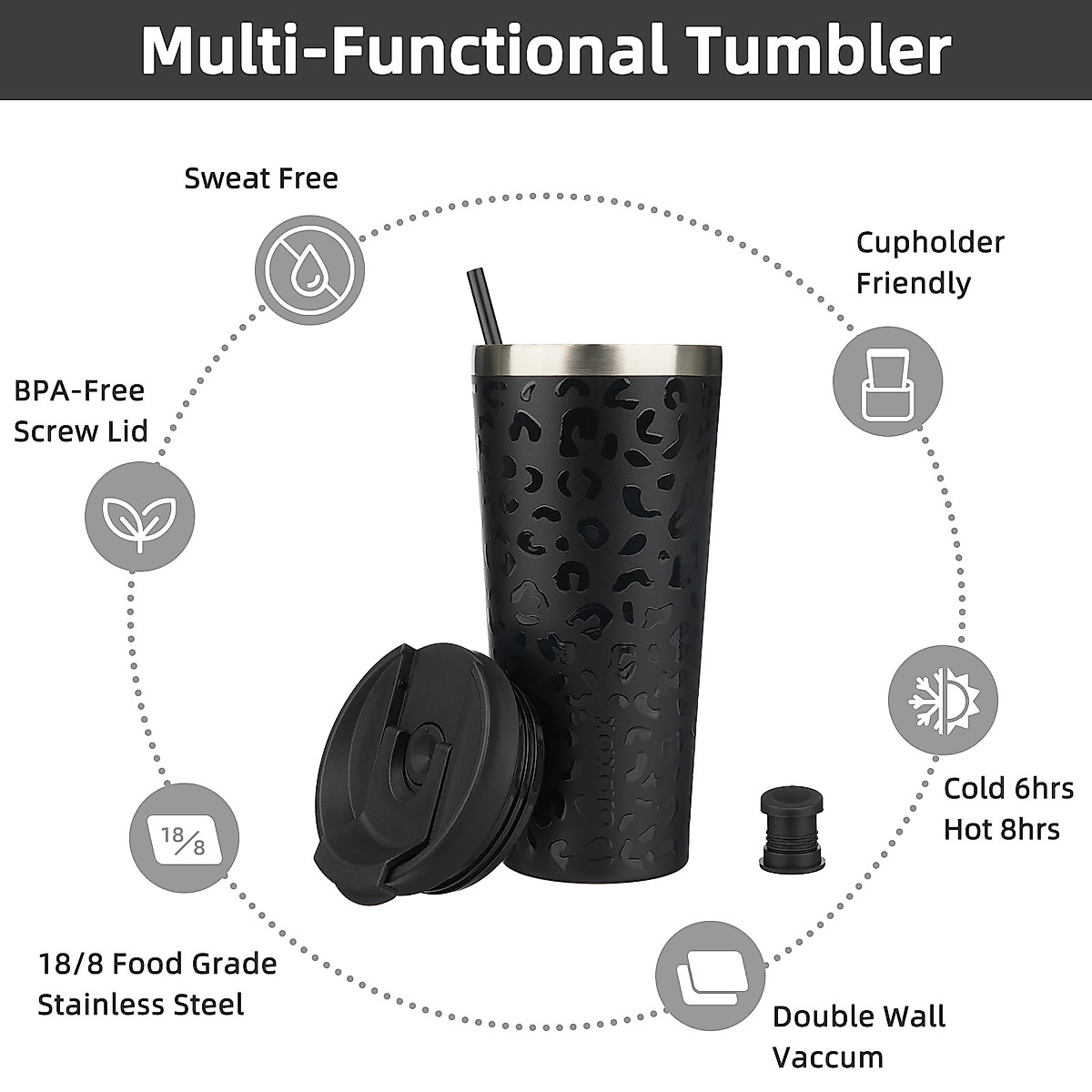 BJPKPK 22oz Insulated Tumbler With lid And Straw Stainless Steel Tumblers Travel Coffee Mug Reusable Thermal Cup,Black Leopard