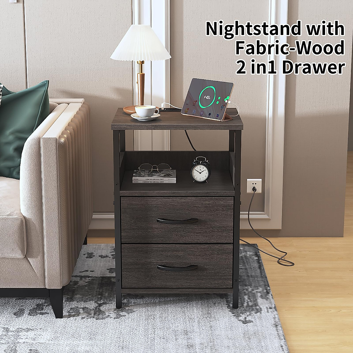KHLJJU Nightstand with Charging Station, End Table Fabric-Wood 2-in-1 Drawer, Side for Small Spaces, Grey Bedside Tables USB Ports and Outlets Living Room, Bedroom, Office, KHL-BC-Hui-A