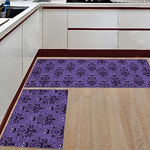 Kitchen Rugs and Mats Sets of 2 Halloween Non-Slip Rubber Backing Area Rugs Washable Runner Carpets for Floor, Kitchen Ghost Face Purple Pattern Pumpkin Spider 15.7x23.6+15.7x47.2inch