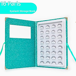 16 Paris Eyelash Storage Book Portable Eyelash Organizer Holder Case Make Up Display Catalog Lash Container Box Glitter Cover Lash Empty Case (Green)