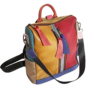 Downupdown 2 in 1 Backpacks for Women Genuine Leather Backpack Single Shoulder Bag Zipper knapsack Satchel Casual Daypack -Multicolour