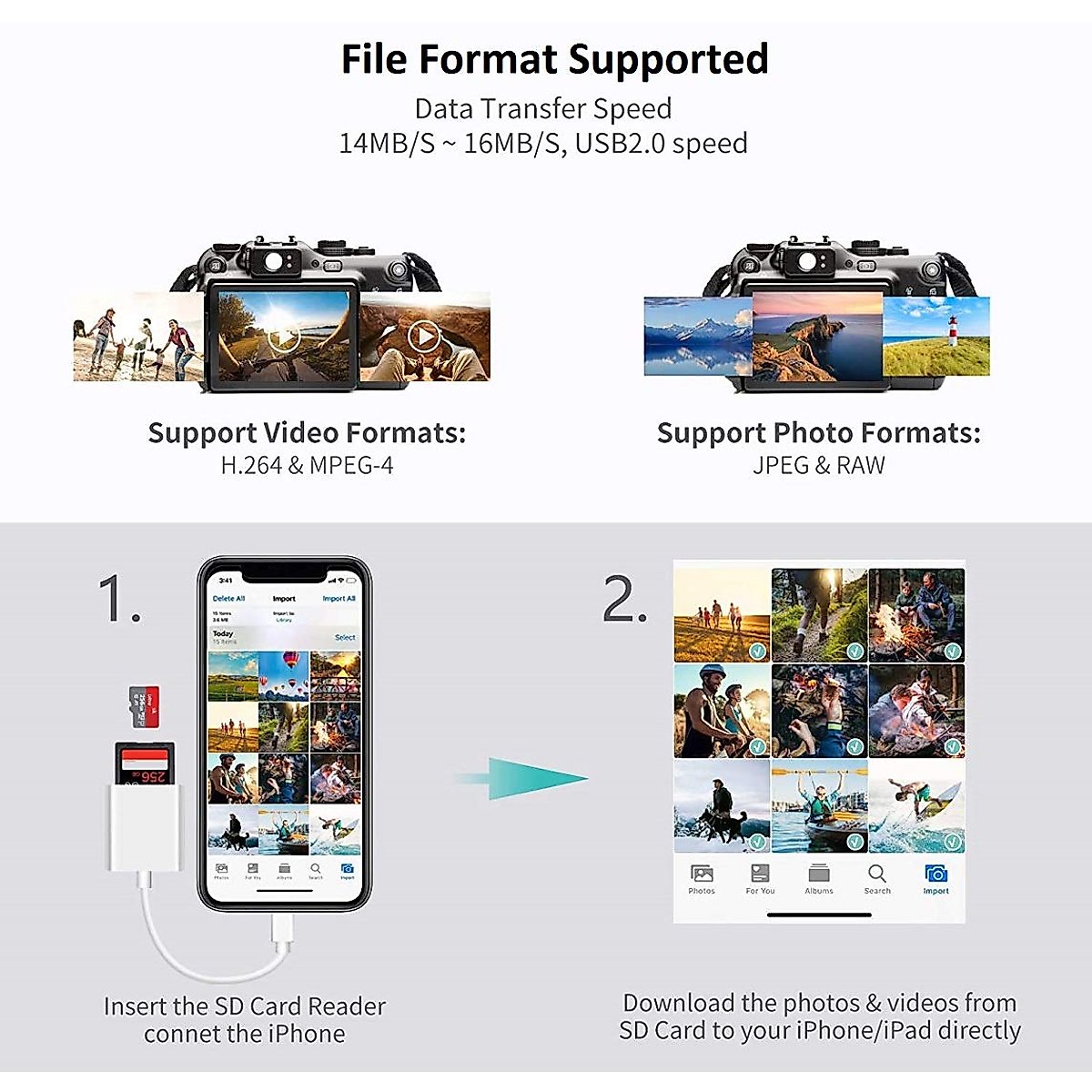 SD Card Reader for iPhone iPad, Apple MFi Certified iPhone SD/Micro SD Card Reader Adapter Cable with Dual Slots for SLR Cameras, Trail Game Camera Viewer, Memory Card Reader for iPhone, Plug and Play