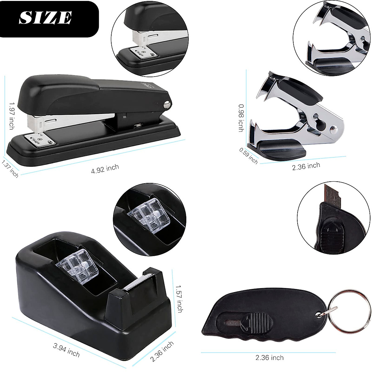 ChezMax Black Desk Accessory Kit Includes Stapler Staples Staple Remover Tape Dispenser Transparent Tape Scissors Push Pins Paper Clips Binder Clips Single Hole Punch Telescopic Knife Tape Measure