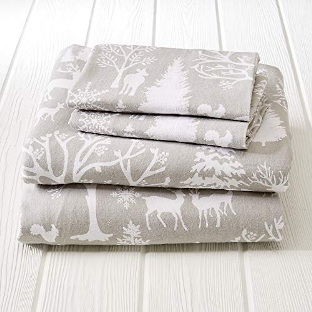 Great Bay Home Bed Linen Set, 4 Piece, Turkish Cotton Queen Winter Flannel Sheet Set, Deep Pocket Fitted Sheet, Soft Sheets, Warm Lodge Bed Sheets, Anti-Pill Flannel Sheets, Enchanted Woods-Grey