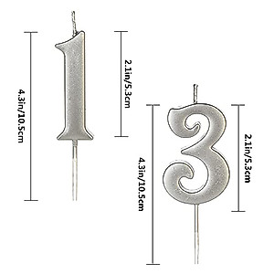 Silver 13th Birthday Candles for Cake, Number 13 1 3 Glitter Candle Party Anniversary Cakes Decoration for Kids Women or Men