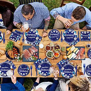 50 Guests Blue Birthday Plates Napkins Happy Birthday Plates Navy Blue and Silver Happy Birthday Plates for Men Women Disposable Paper Plates Napkins Forks Party Decorations Tableware Set 200 PCS