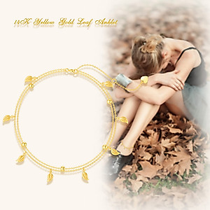 SISGEM 14K Real Gold Leaf Anklets for Women, Real Gold Beads Station Anklet Bracelet Tassel Double Foot Link Beach Anklets Anniversary Birthday Jewelry Gifts for Wife Mom 8''+2'' (Double Chains)
