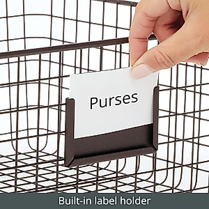 mDesign Wide Metal Farmhouse Storage Organizer Bin Baskets with Label Slot for Closet, Cabinet, Cupboard - Wire Organizing Basket Holds Clothing, Linens, Shoes, Omaha Collection, 2 Pack, Bronze