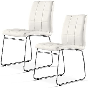 SICOTAS Modern Dining Chairs Set of 2, Dining Room Chairs with Faux Leather Padded Seat Back in Checkered Pattern and Sled Chrome Legs, Kitchen Chairs for Dining Room, Kitchen, Living Room,White Chair