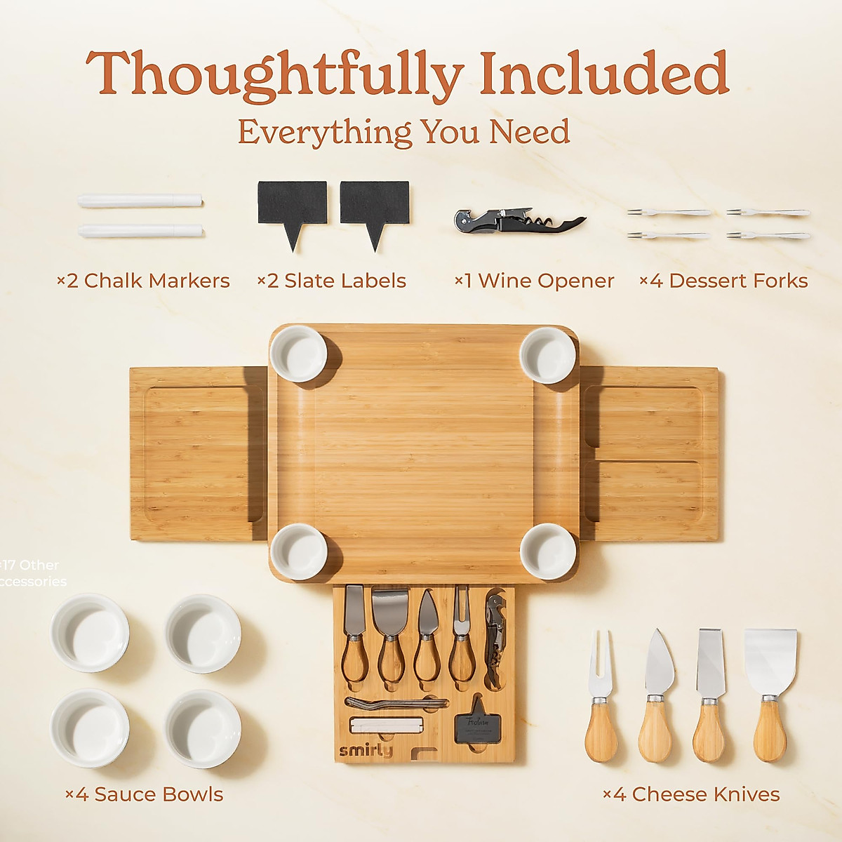 SMIRLY Charcuterie Boards, Extra Large Charcuterie Board Set - Bamboo Cheese Board and Knife Set - House Warming Gifts New Home, Wedding Gifts for Couples, Unique Bridal Shower Gift for Her