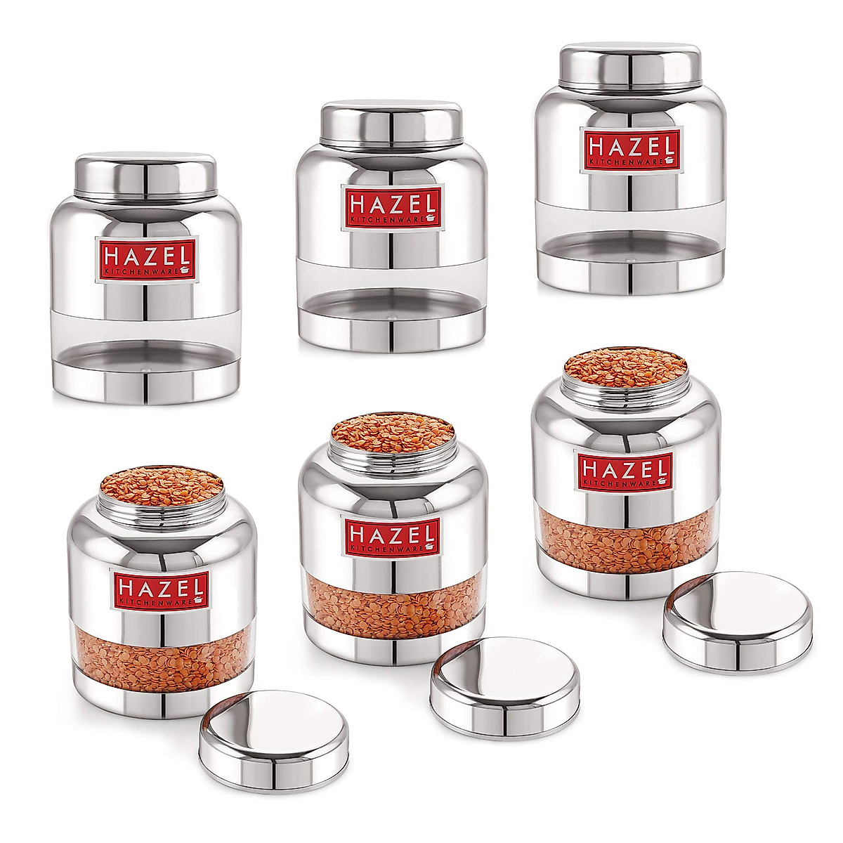 HAZEL Stainless Steel Kitchen Containers With Airtight Lid | 1000 Ml Barni Shape Container With Glossy Finish | Multipurpose Storage Box For Kitchen Containers, Set Of 6, Silver