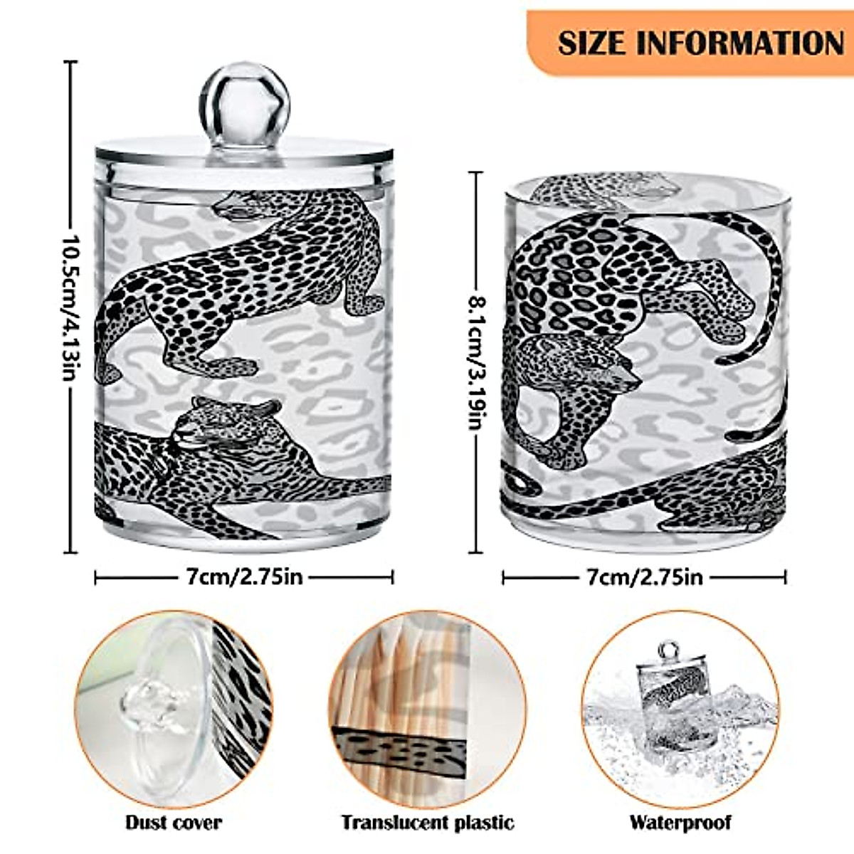 Kigai Three Leopards Qtip Holder Dispenser with Lids 4 Pack ,Clear Plastic Apothecary Jar Containers - Bathroom Accessories Set for Cotton Swab, Ball, Pads, Floss
