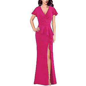 VFSHOW Womens Ruched Wrap V Neck Ruffle Formal Peplum High Slit Maxi Long Dress 2023 Wedding Guest Cocktail Prom Glitter Evening Gown (Hot Pink, Medium) 3121 HPIK M
