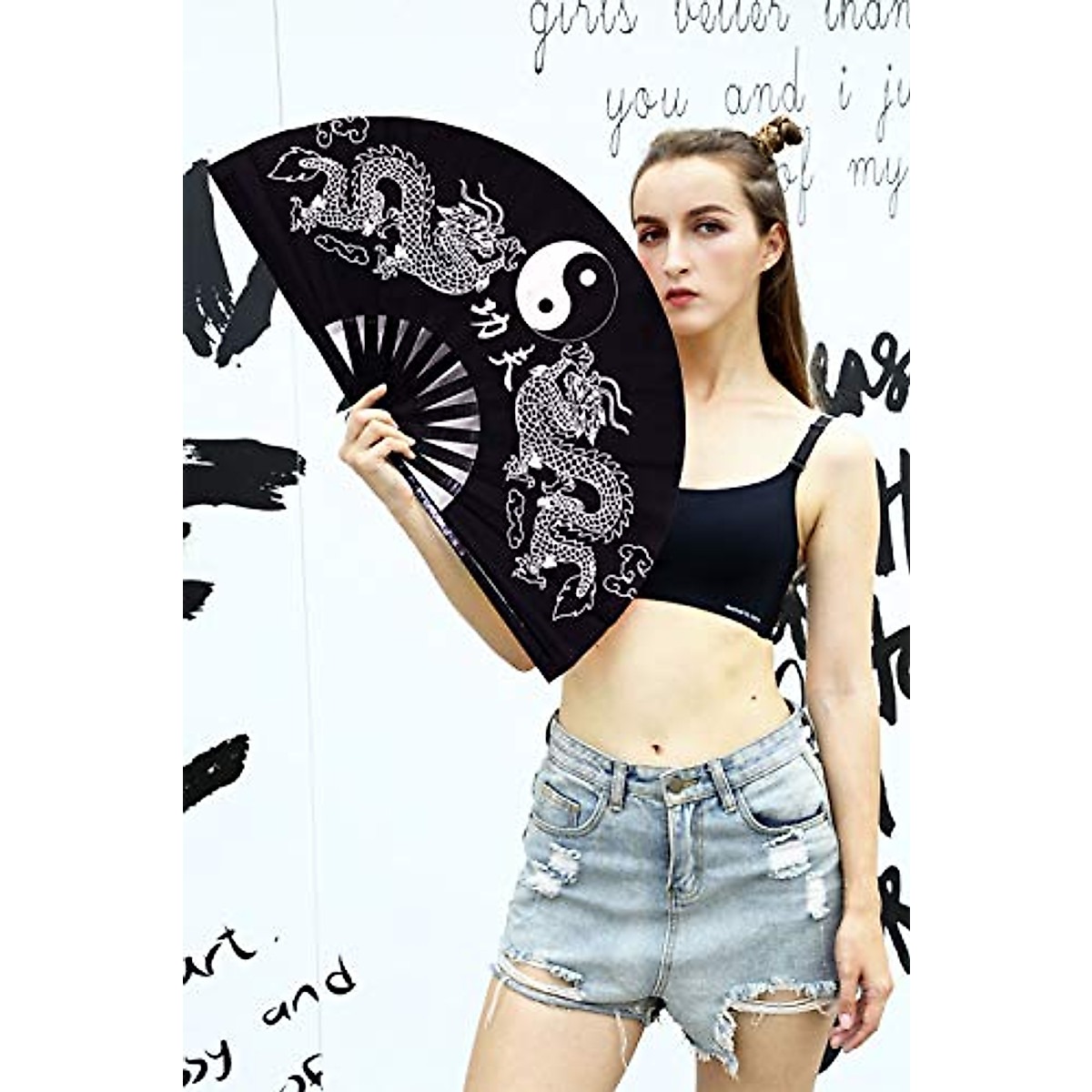 Amajiji Large Rave Folding Hand Fan for Men/Women, Chinese Japanese Kung Fu Tai Chi Handheld Fan Performance Fan Festival Gift Fan Craft Fan Folding Fan Dance Fan (Black Dragon)