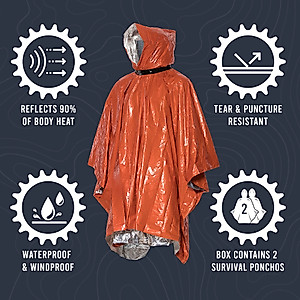 Go Time Gear Emergency Survival Life Poncho - 2 Thermal Mylar Space Blanket Rain Ponchos - Use in Camping, Hiking, Survival Gear & Bug Out Bag - Includes Survival Whistle & Paracord String (Orange)