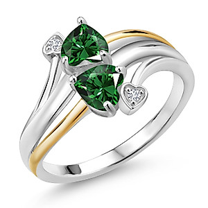 Gem Stone King 925 Silver and 10K Yellow Gold Green Nano Emerald and White Lab Grown Diamond 2 Heart Promise Couple Engagement Mother Ring For Women (1.02 Cttw, Available In Size 5, 6, 7, 8, 9)