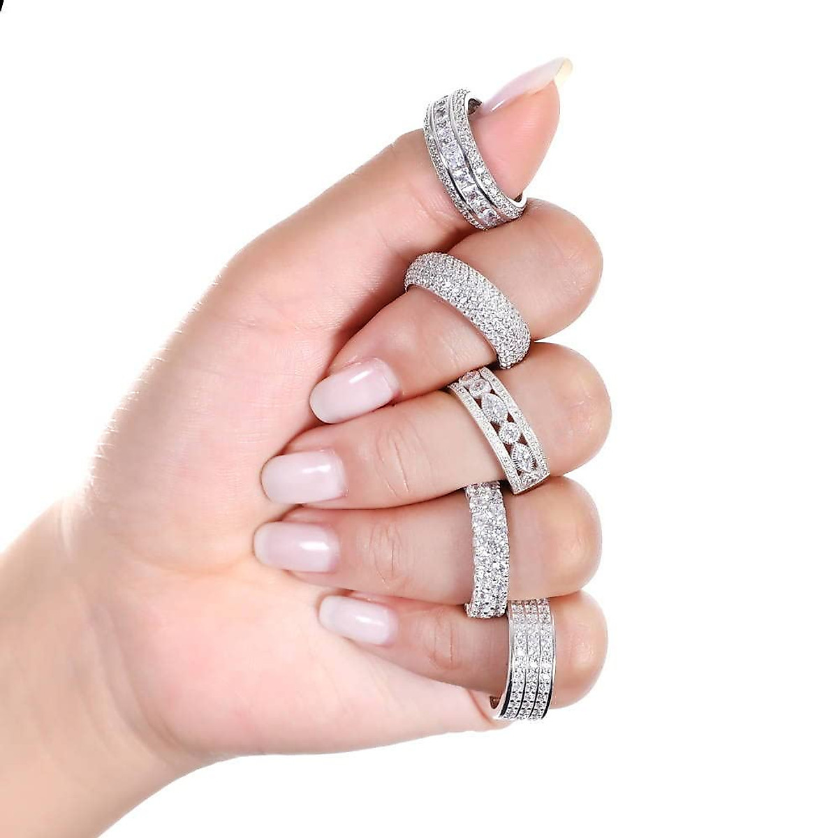 BERRICLE Sterling Silver Art Deco Wedding Rings Milgrain Bezel Set Cubic Zirconia CZ Anniversary Half Eternity Ring for Women, Rhodium Plated Size 7.5