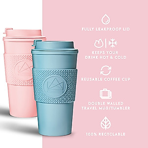 Neon Kactus - Double-Walled Coffee Cup, Reusable Coffee Cup with Resealable Lid, Food-Grade Silicone Seal and Sleeve, Insulated Coffee Tumbler, Super Sonic & Pink Flamingo, 16oz, 2pk