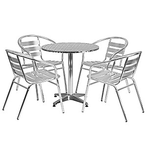 Flash Furniture 27.5'' Round Aluminum Indoor-Outdoor Table Set with 4 Slat Back Chairs