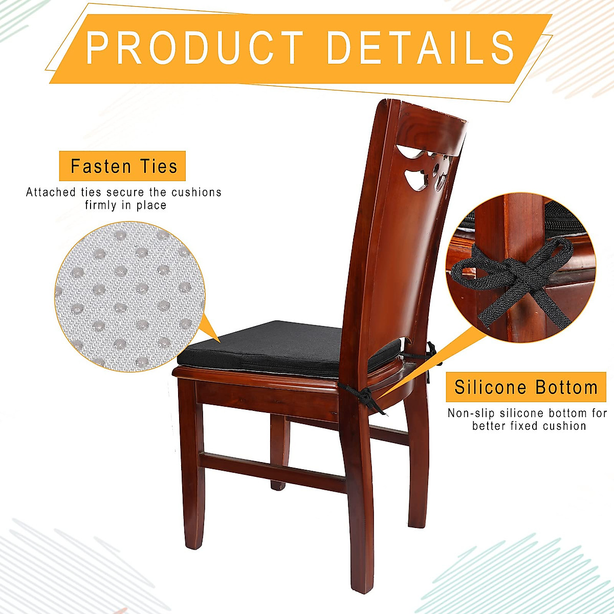 Qunclay 8 Pack Black Chair Seat Cushions Pads for Dining Chairs, Soft Foam Chair Cushion Pads with Ties and Washable Cover Non Slip for Room Kitchen Desk, 16 x 16.5 Inch