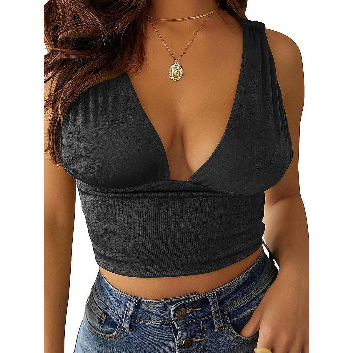 LYANER Women's Sexy Deep V Neck Slim Fitted Strap Crop Cami Tank Sleeveless Top Black Small