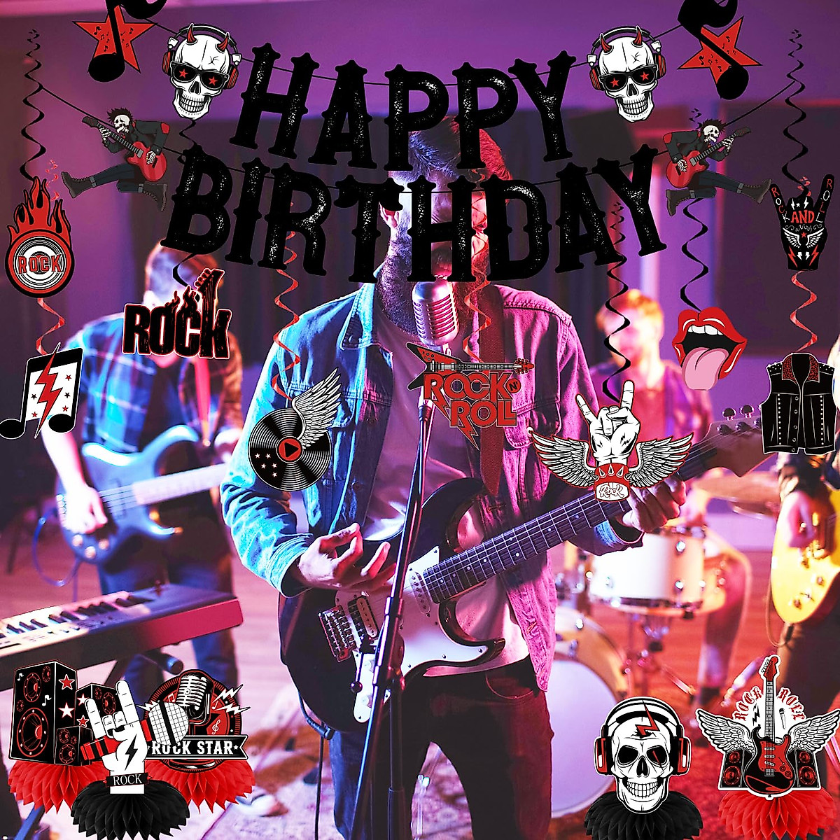 LARRAZABAL Rock and Roll Birthday Party Decorations Music Themed Party Decorations Include Happy Birthday Banner Hanging Swirls and Honeycomb Centerpiece Rock and Roll Baby Shower Supplies