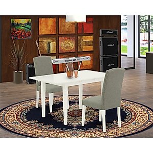 HomeStock French Flair 3-Pc Kitchen Dinette Set - 2 Kitchen Chairs with High Back and Upholstered Seat and Butterfly Leaf Modern Rectangle Dining Table and 4 Legs - Linen White Finish