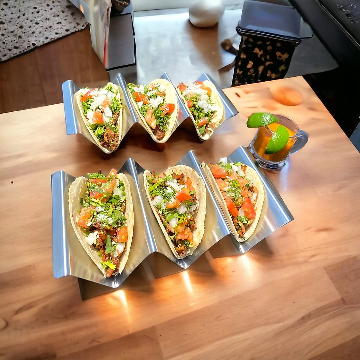 Taco Holders Set of 4 - Premium Large Taco Shells Plates Holds Up to 3 or 2 Tacos Each, Stainless Steel Very Hard and Sturdy, Dishwasher & Oven Safe