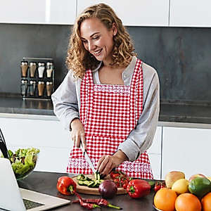 JJYHEHOT Women Classic Vintage Apron, Red and White Gingham Cotton Apron, Home Kitchen Chef Bib